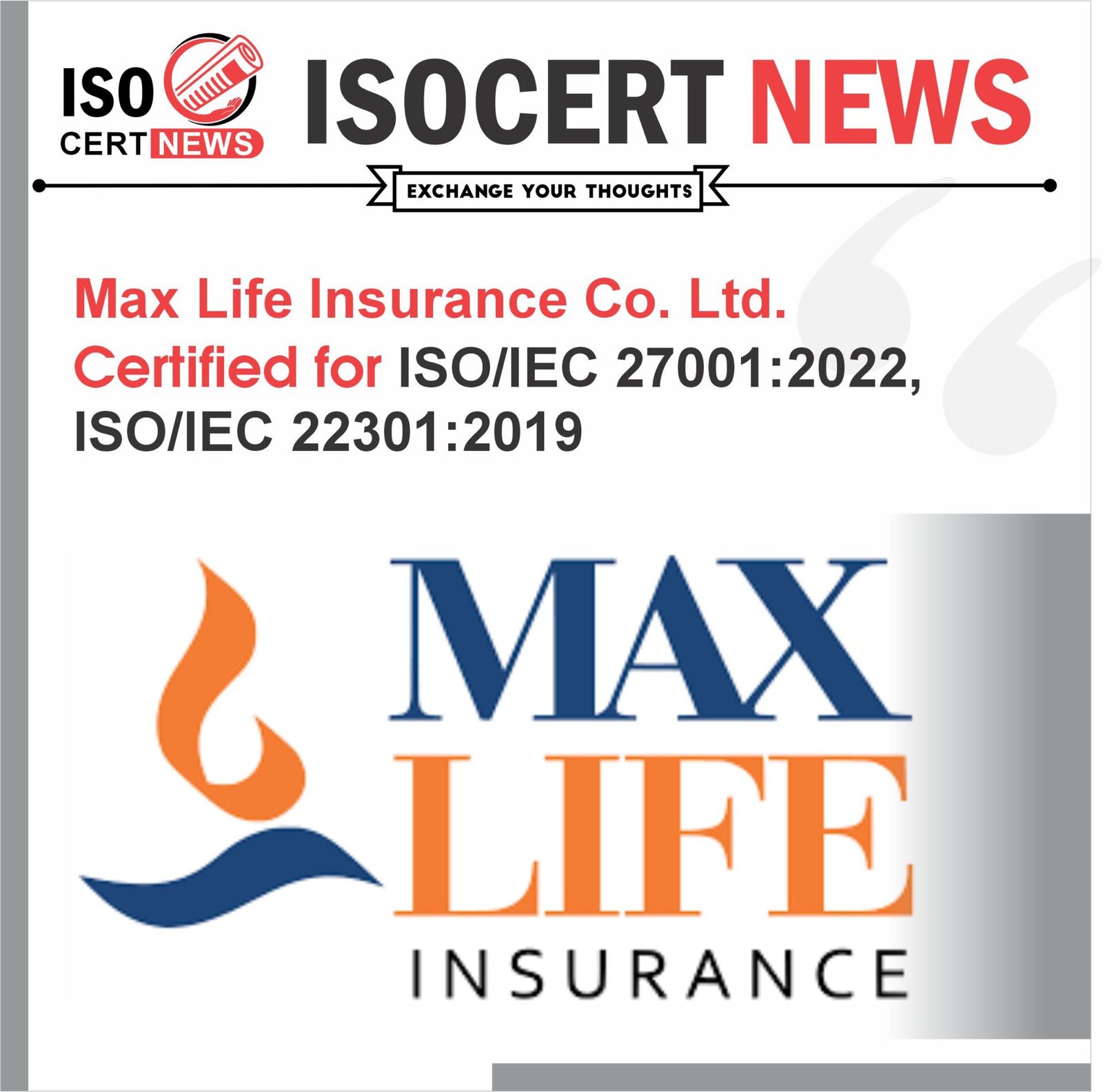 Max Life Insurance Co. Ltd achieved ISO 22301 and 27001
