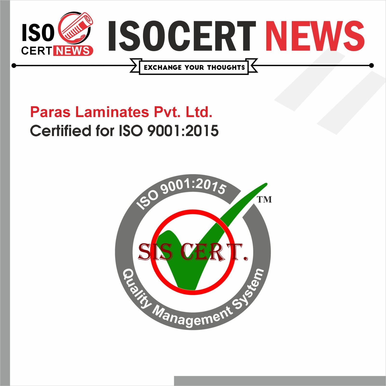 Paras Laminates Pvt. Ltd. Successfully Completes ISO 9001:2015 ...